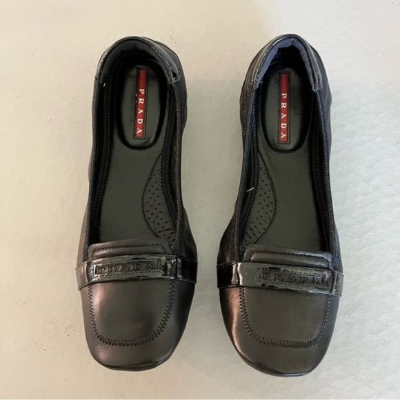 Prada | Shoes | Prada Scrunch Patent Leather Ballet Flats Logo | Poshmark